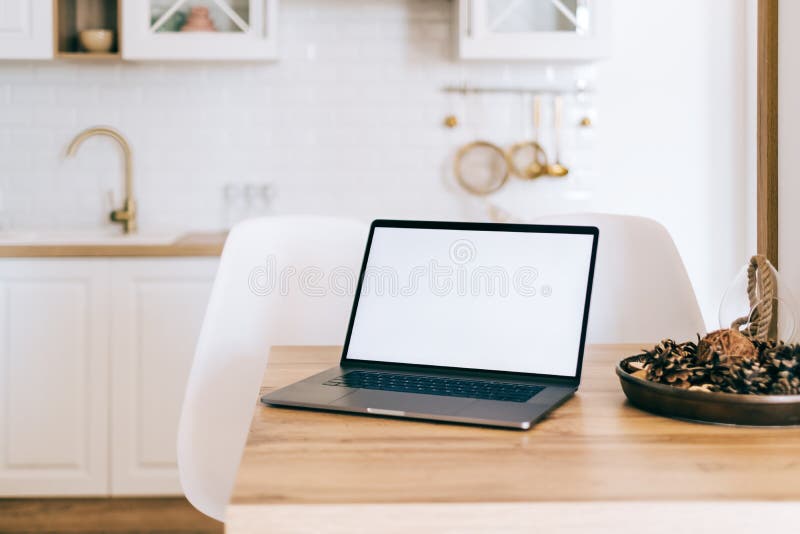 Laptop Computer with White Blank Screen Mock Up, on the Bright Modern ...