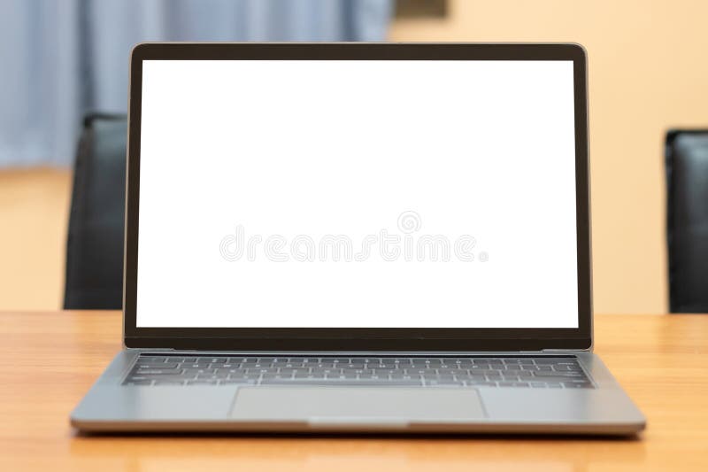 Laptop Computer with White Blank Screen on Wood Desk. Workspace ...