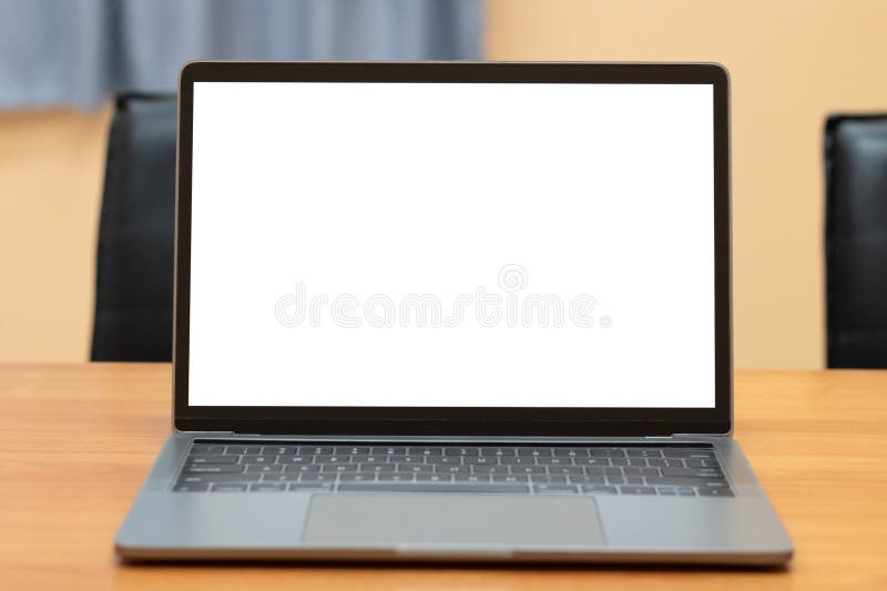Laptop Computer with White Blank Screen on Wood Desk. Workspace ...