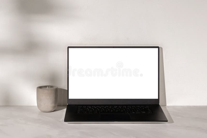 Laptop Computer with White Empty Screen Mockup, Candle on Neutral Beige ...