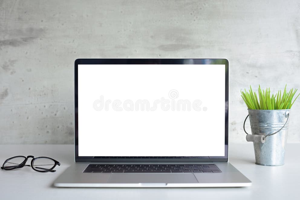 Laptop Computer White Screen on Desk Table Front View Stock Photo ...
