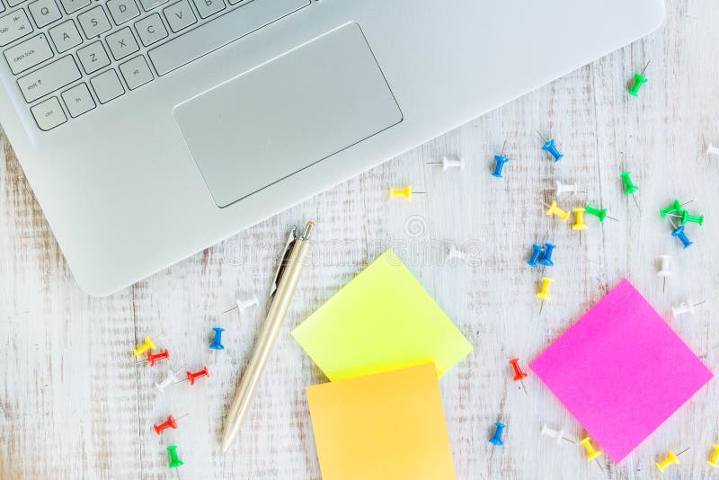 Laptop Computer on White Wood Office Work Desk with Paper and Pe Stock ...