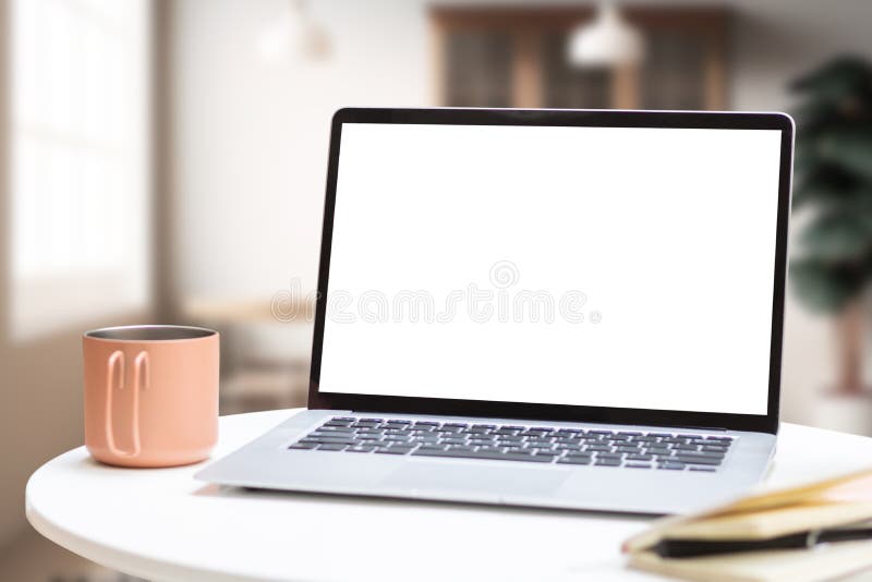 Laptop Computer on Wood Desk at Home, Laptop with White Blank on Screen ...