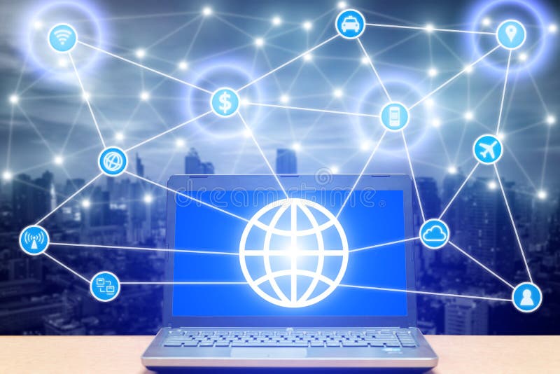 Laptop Computer on Wood Desk with Technology and Communication I Stock ...