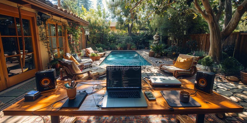 A Laptop Computer on a Wooden Table in Front of a Swimming Pool Stock ...