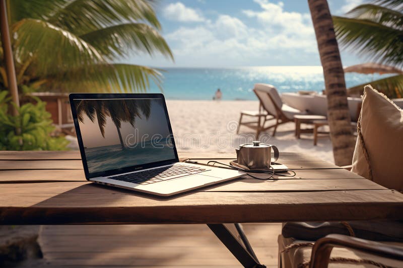 Laptop Computer on Wooden Table Stock Image - Image of connection ...