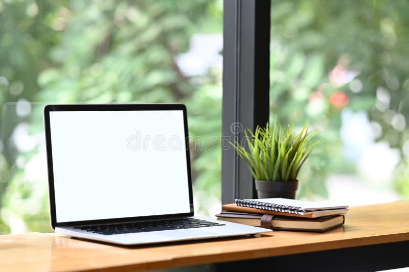 Laptop Computer on Work Space with Plant and Book .for Graphics Display ...