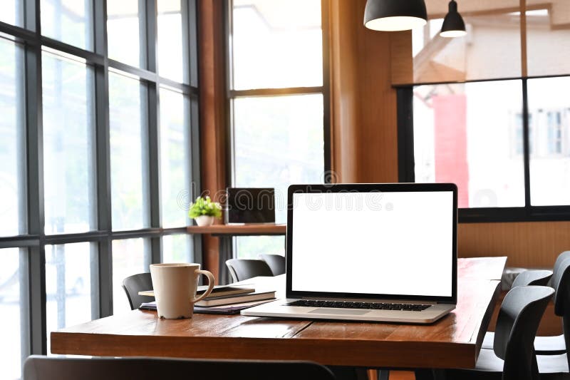Laptop Computer on Working Table with a Wood Desk Stock Image - Image ...