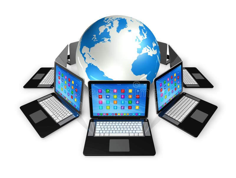 Two Laptop Computers Around a World Globe Stock Illustration ...