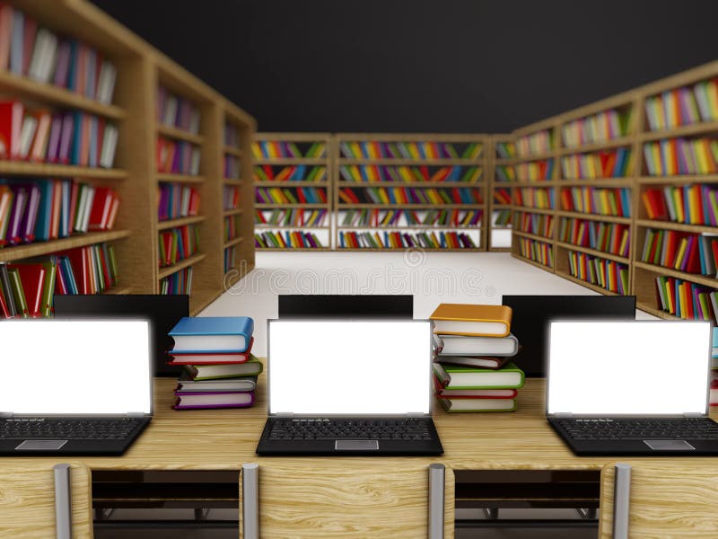 Laptop Computers on the Table Inside a Library Stock Photo - Image of ...