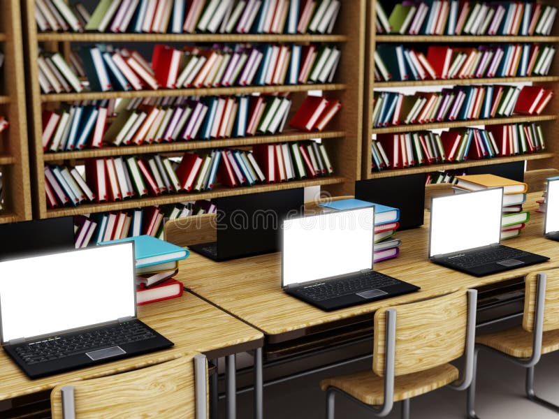 Laptop Computers on the Table Inside a Library Stock Photo - Image of ...