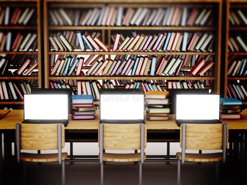 Laptop Computers with Blank Screens Standing on Table Inside a Library ...