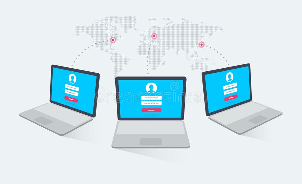 Laptop Computers in Different Angles with Login Page on Screens and ...