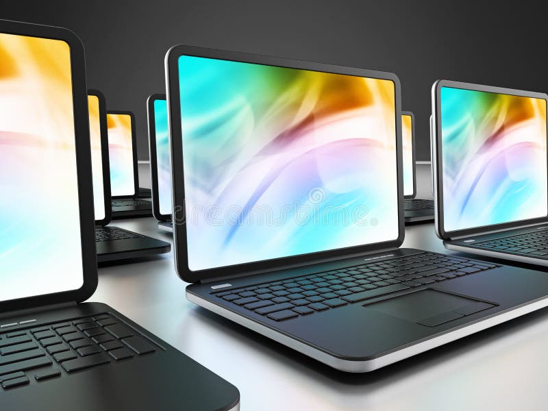 Laptop computers in a row stock photo. Image of mobile - 61109210