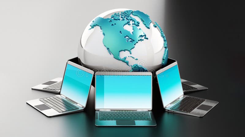 Laptop Computers Standing Around the Globe. 3D Illustration Stock ...