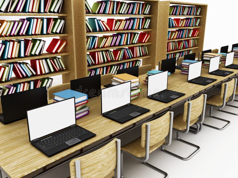 Laptop Computers on the Table Inside a Library Stock Photo - Image of ...