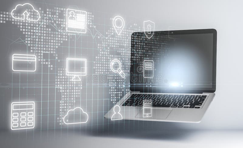 Laptop with Computing Cloud Hologram on Digital World Map Editorial ...