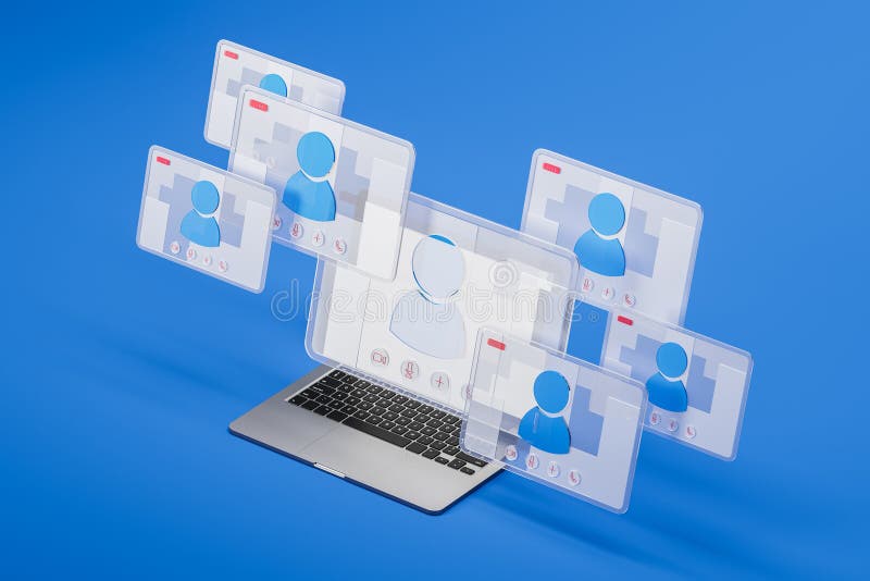 Laptop and Conference Call Concept, Side View Stock Illustration ...