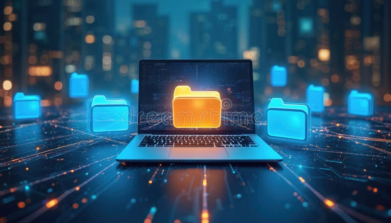Laptop Connects Folders in Cyberspace Network Concept. Data Storage, Management, Digital ...