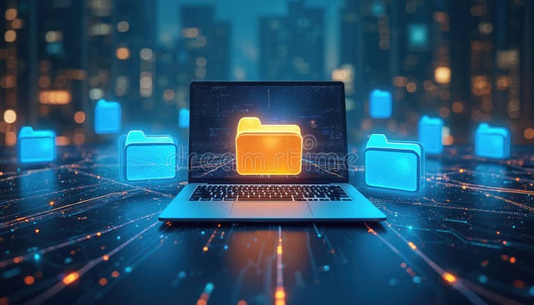Laptop Connects Folders in Cyberspace Network Concept. Data Storage ...