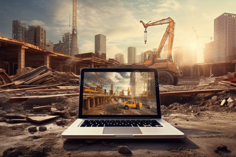 Laptop with Construction Site on the Background. 3d Rendering Stock ...