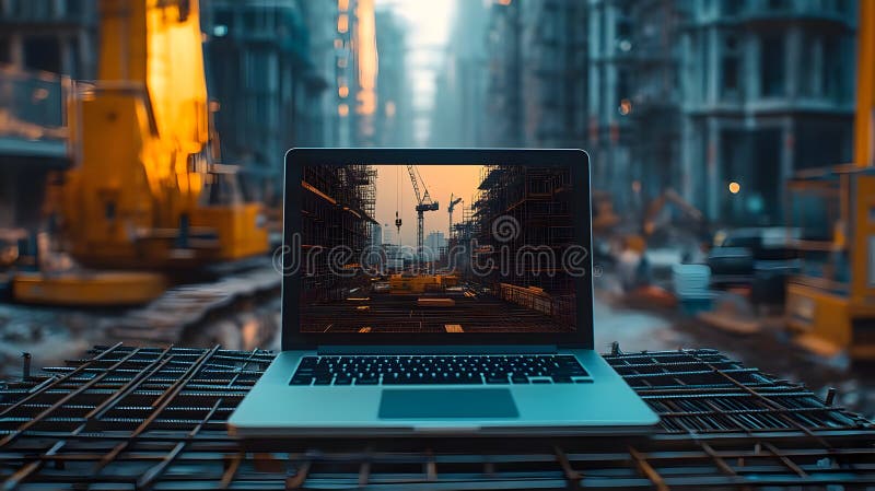 Laptop on Construction Site Showing Crane on Screen Photo Stock ...