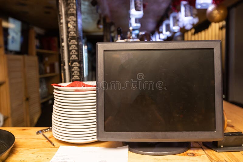 Laptop on Counter Bar, Room As Background. Stock Photo - Image of table ...