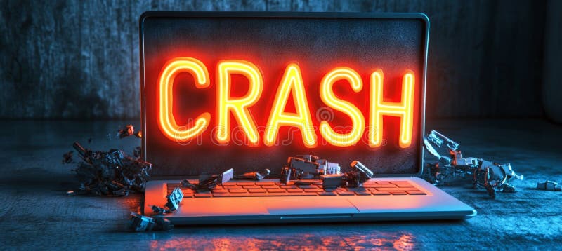 Laptop Crash Neon Crash Sign Illuminates a Digital Breakdown on a Dark ...