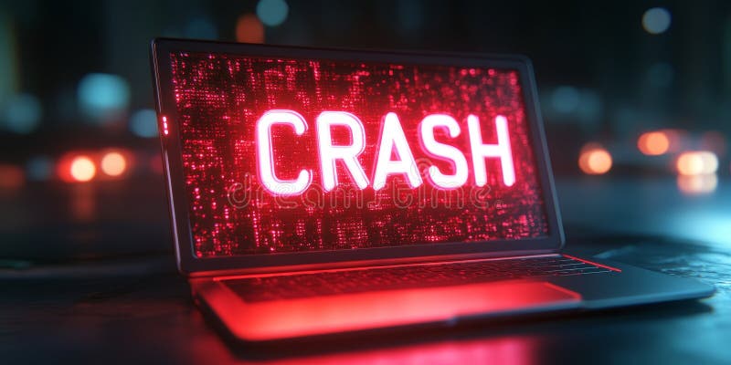 Laptop Crashing, Displaying Neon Crash Text in a Dark Room Setting ...