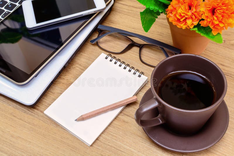 Laptop and Cup of Coffee with Flower on Desk Stock Photo - Image of ...
