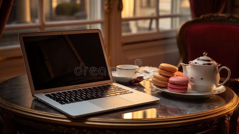 Laptop and a Cup of Coffee and Macaroons on the Table Stock Photo ...