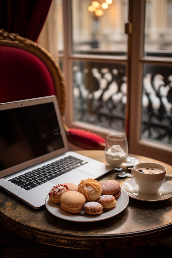 Laptop and a Cup of Coffee and Macaroons on the Table Stock Photo ...
