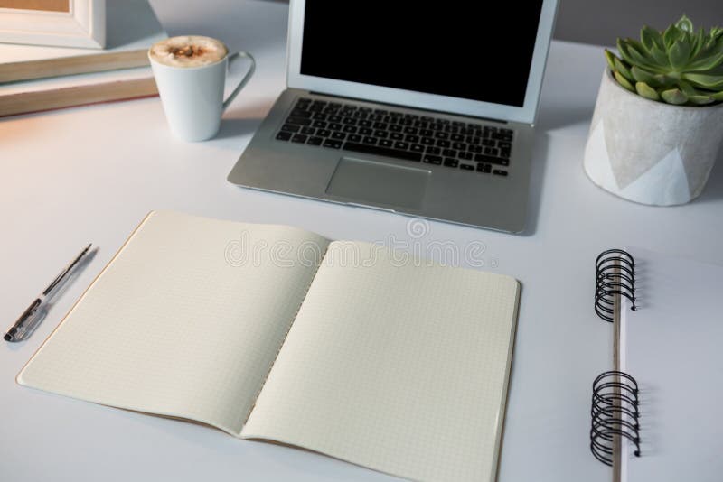Laptop, Cup of Coffee with Open Book Stock Photo - Image of computer ...