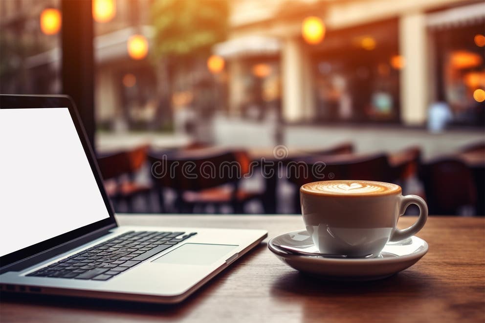 Laptop and Cup of Coffee on a Table in Cafe Stock Illustration ...