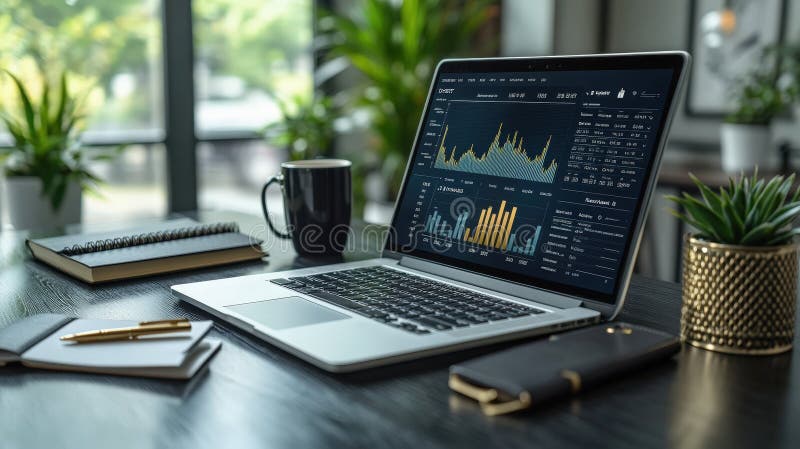 Laptop with Data Analytics Dashboard on Desk in Natural-lit Workspace ...