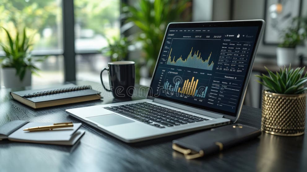 Laptop with Data Analytics Dashboard on Desk in Natural-lit Workspace ...