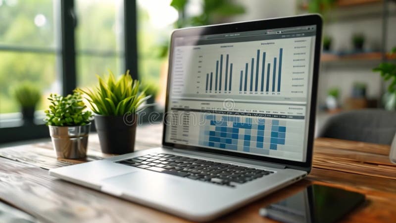 A Laptop with Data Charts and Graphs on a Wooden Desk with Plants in ...