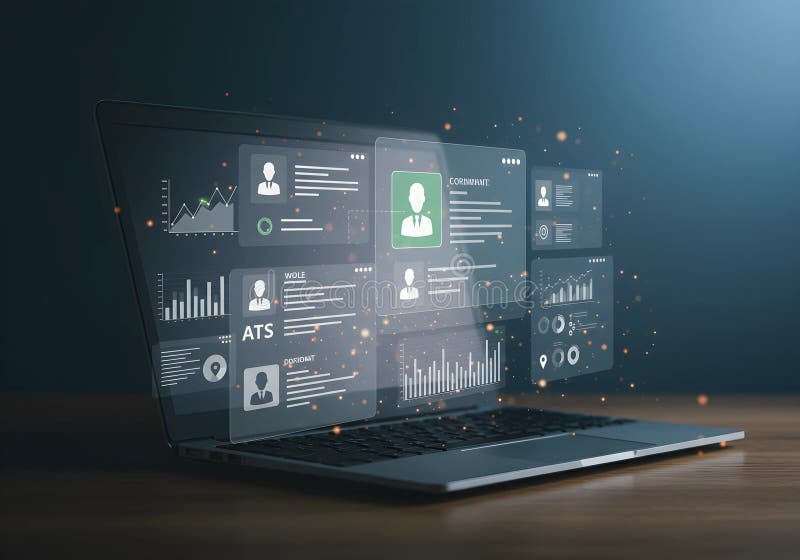 Laptop with Data Charts and User Profiles on Screen Stock Illustration ...