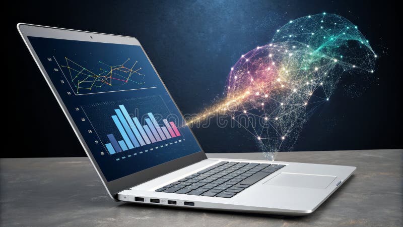 Laptop Data Visualization Networked Globe Emerging from Charts Stock ...