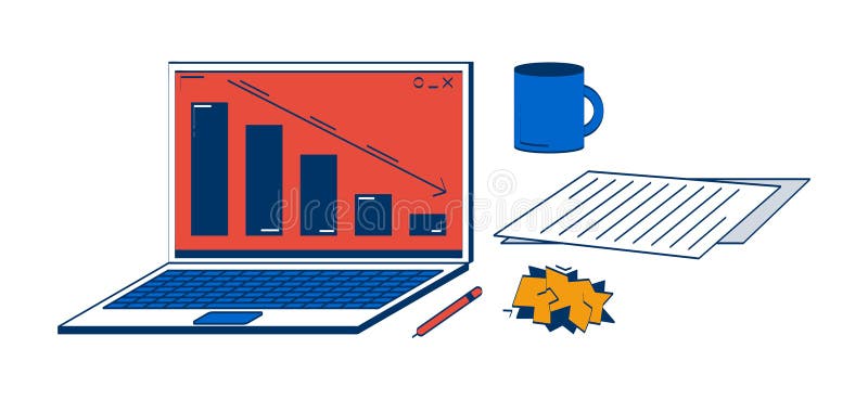 Laptop with Declining Graph and Office Supplies 2D Doodle Objects Set ...