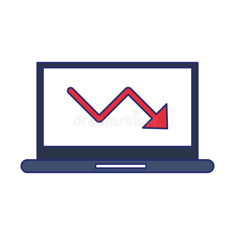 Laptop with Decrease Statistics Arrow Symbol in Black and White Stock ...
