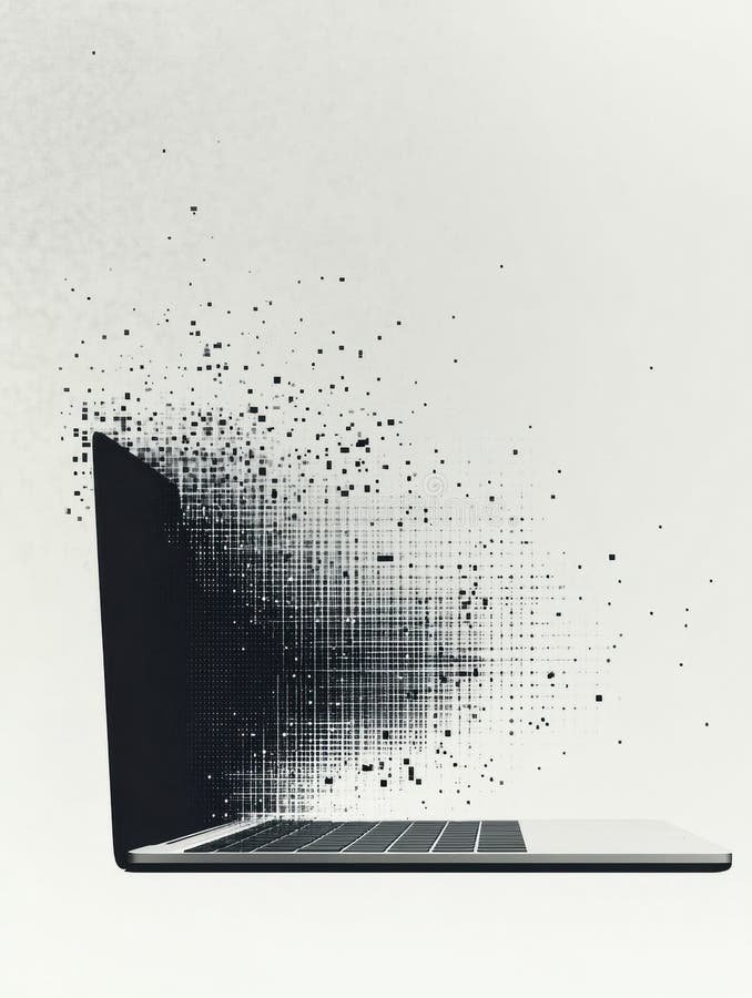 A Laptop is Depicted Breaking Apart into Pixel-like Fragments, Creating ...