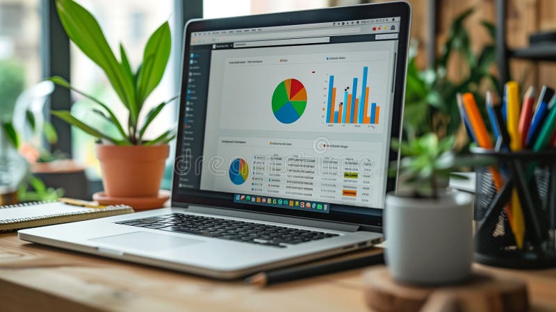 Laptop on Desk with Analytics Dashboard Displayed Stock Illustration ...