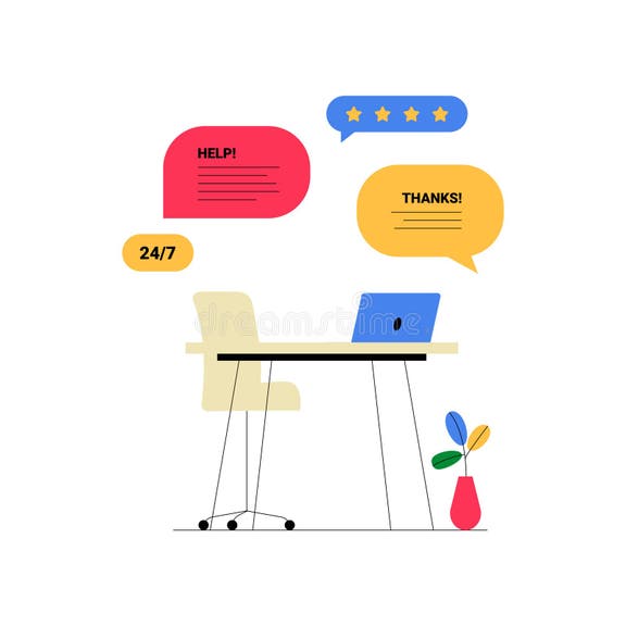 Laptop on Desk with Chat Bubbles and Help Icons in Flat Vector ...