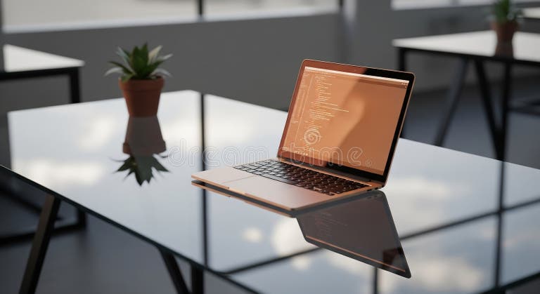 Laptop on Desk Coding Concept in Shared Desk Glass Desk Reflections ...