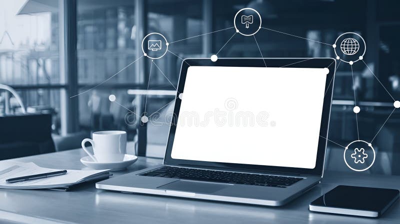 Laptop on a Desk with Connected Business Network Icons and Documents ...