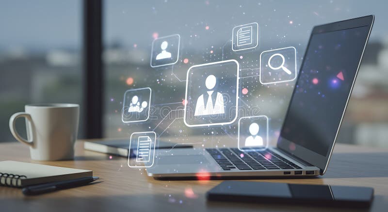 Laptop on a Desk with Digital Icons Overlayed, Symbolizing Connectivity ...