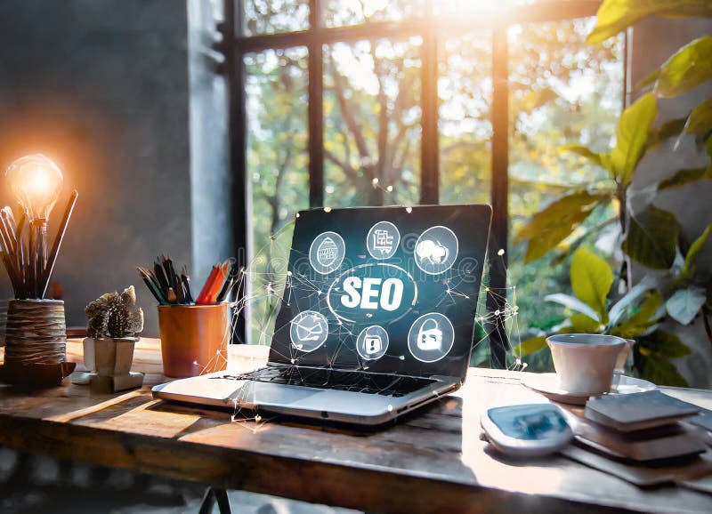 Laptop on the Desk and Digital Marketing, SEO Search Engine ...