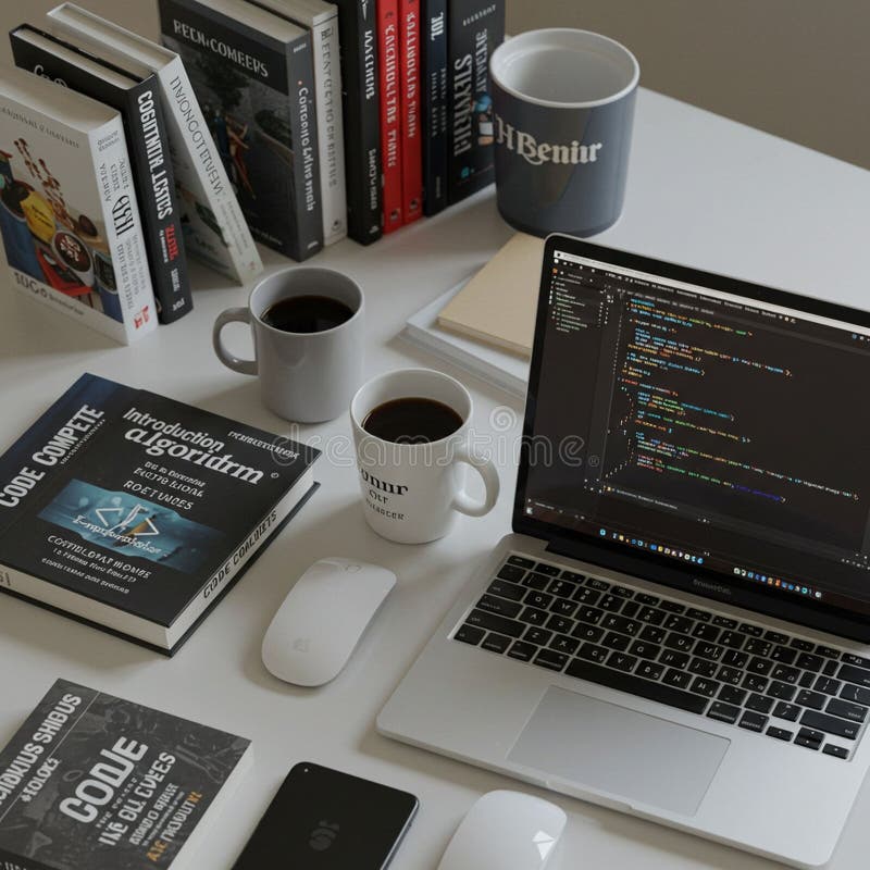 Laptop on a Desk Displaying Code on Its Screen, Likely JavaScript. beside are Two White Stock ...