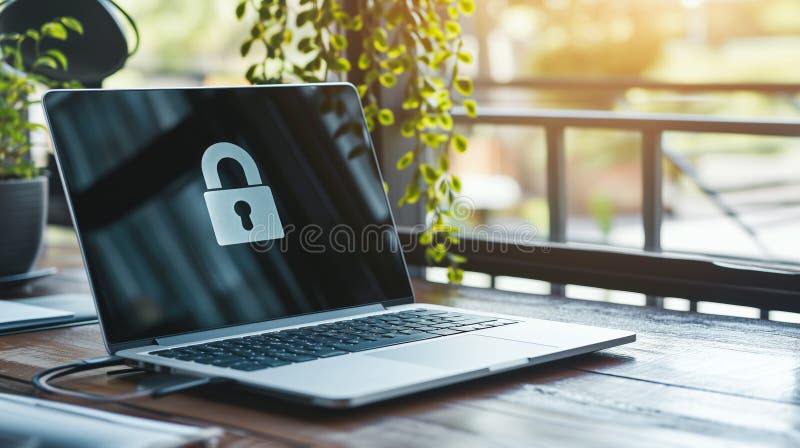 Laptop on Desk Displaying Padlock Icon on Th Screen Stock Illustration ...